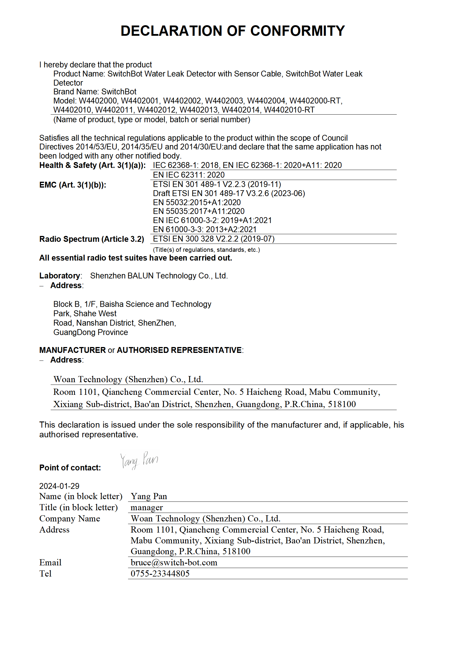 DECLARATION OF CONFORMITY (Water Leak Detector) – SwitchBot Help Center